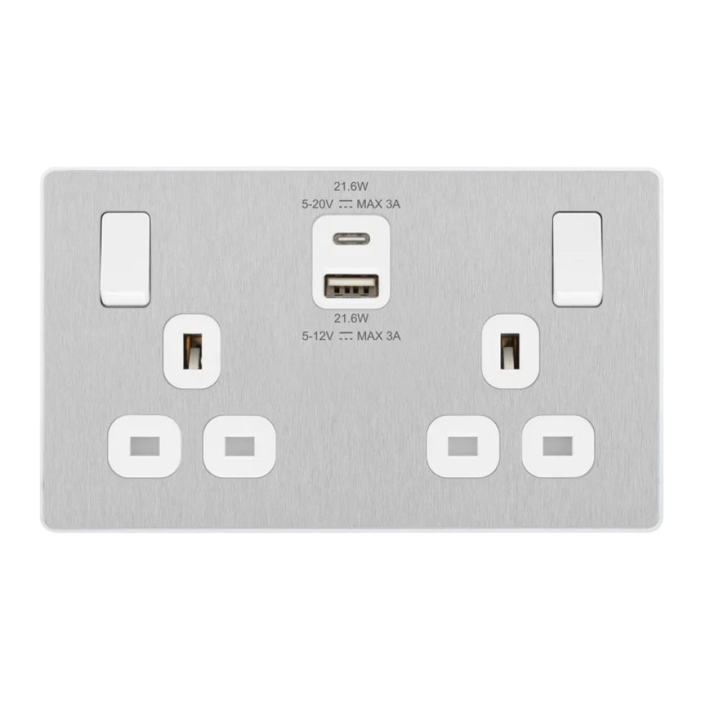 BG Evolve Brushed Steel 13A Double USB Socket with 22W A+C Ports ...