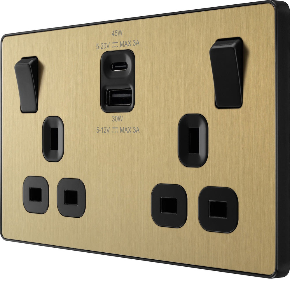 BG Evolve Satin Brass 13A Double USB Socket with 45W A+C Ports ...