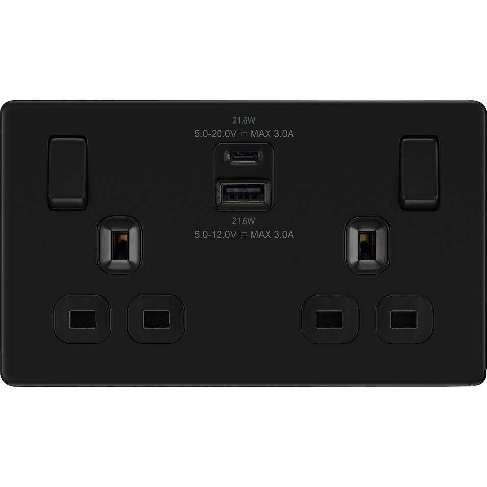 BG Flatplate Screwless Matt Black 13A Double USB Socket with 22W A+C ...