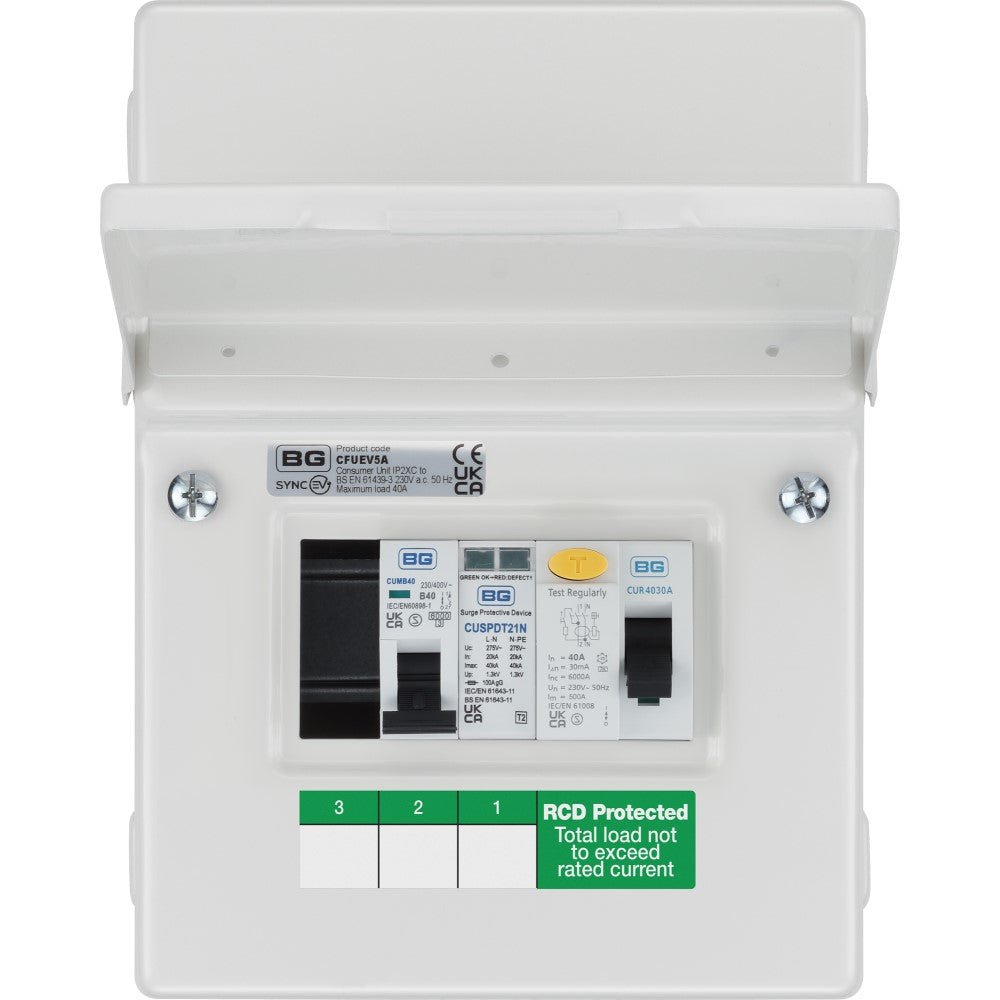 BG Fortress 5 Module Enclosure 40A 30mA RCD 40A MCB Type 2 SPD + 1 ...