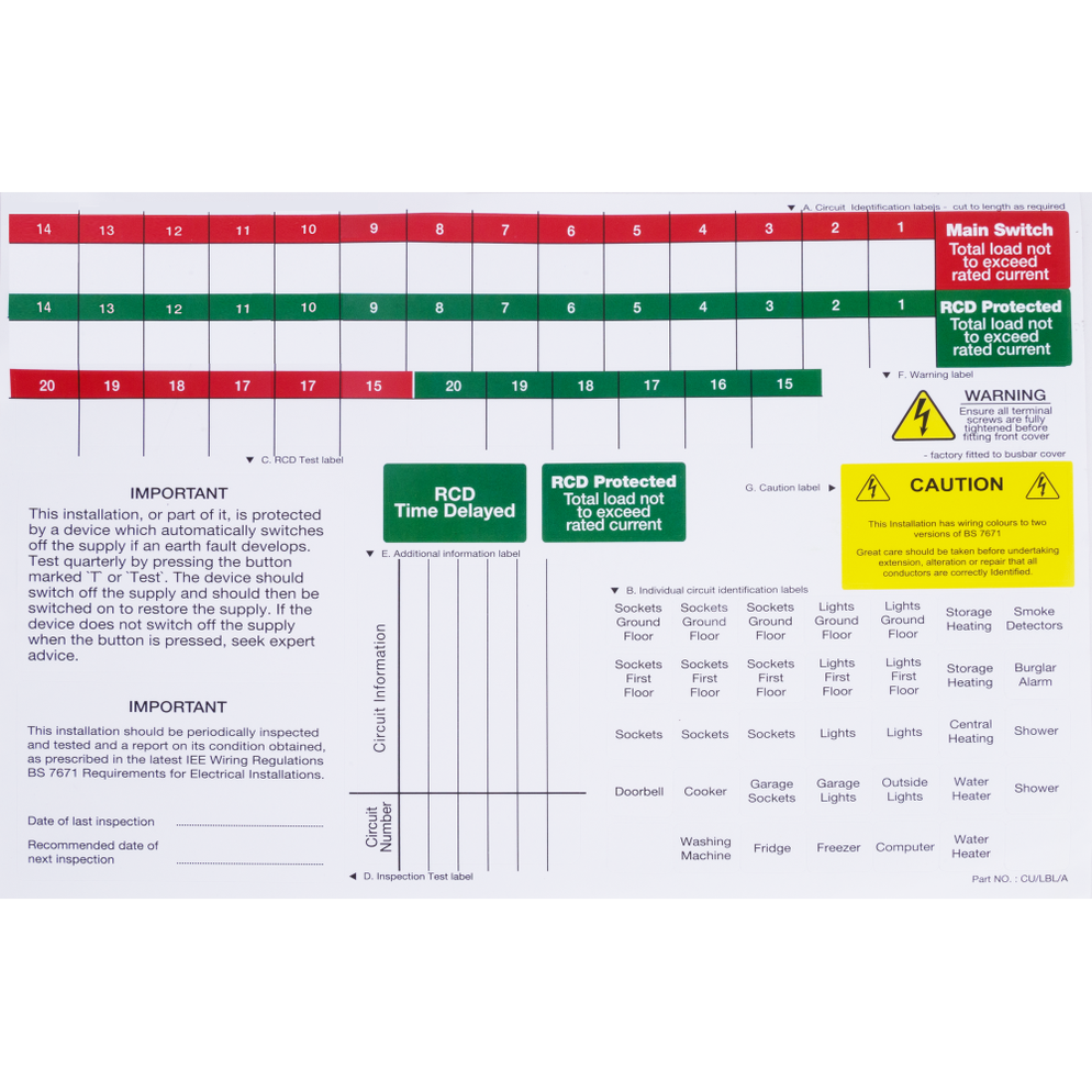 BG Fortress Spare Consumer Unit Label Sheets CUA11 | RS Electrical Supplies