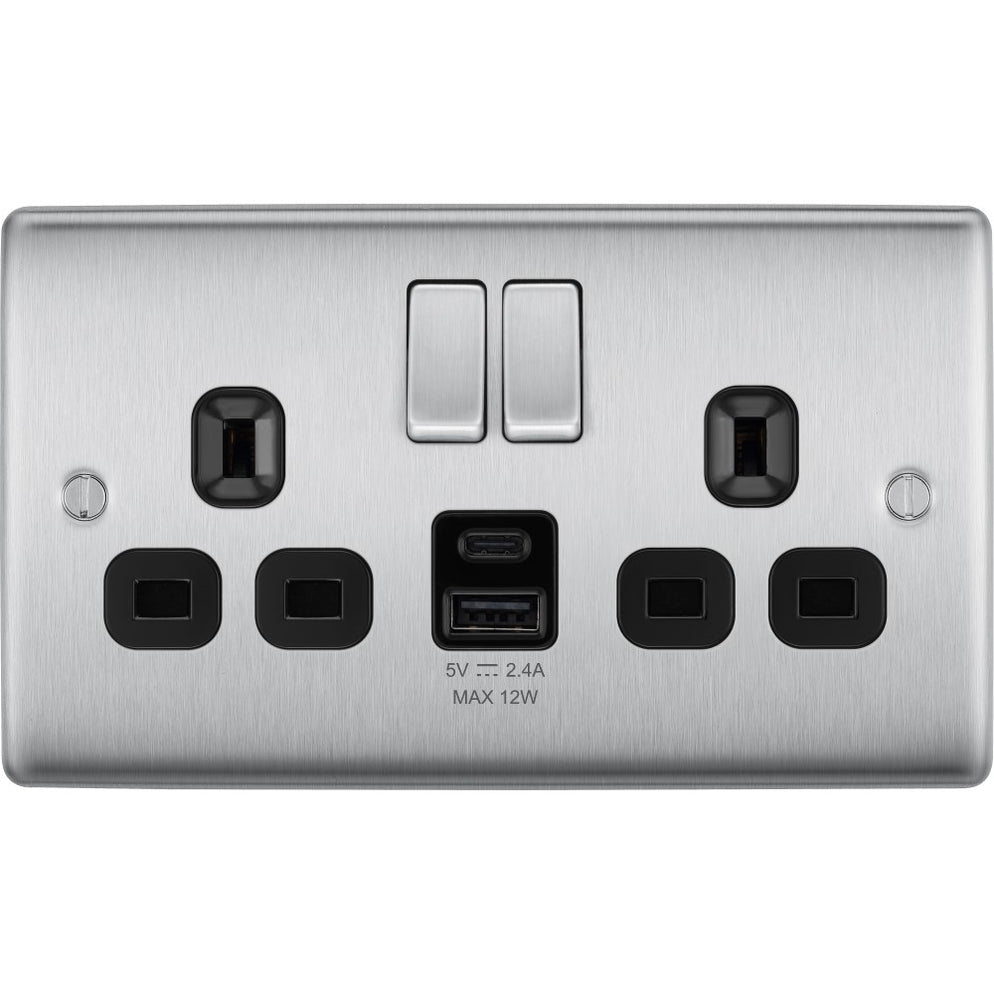 BG Nexus Metal Brushed Steel 13A Double USB Socket with 12W A+C Ports ...