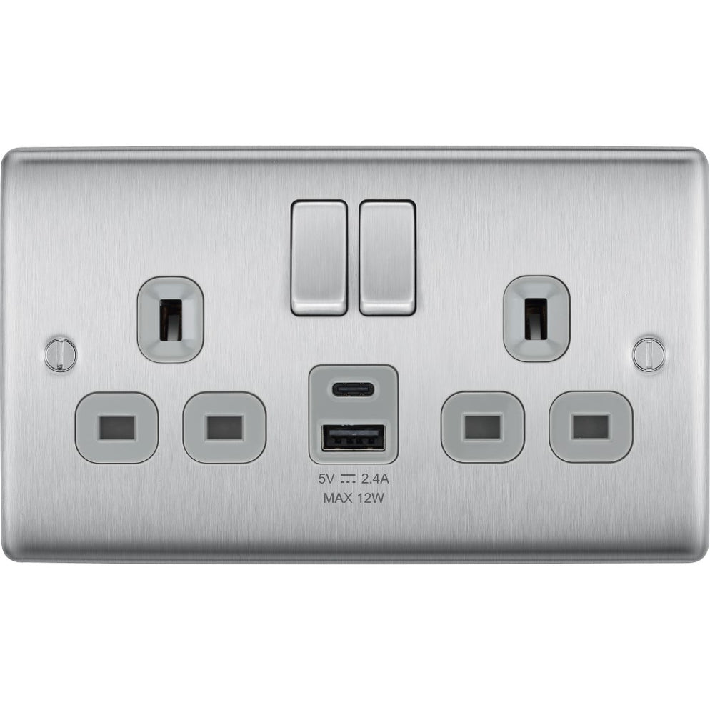 BG Nexus Metal Brushed Steel 13A Double USB Socket with 12W A+C Ports ...