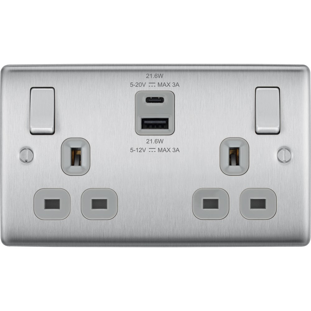 BG Nexus Metal Brushed Steel 13A Double USB Socket with 22W A+C Ports ...