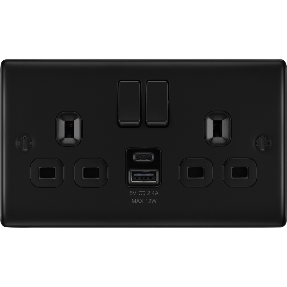BG Nexus Metal Matt Black 13A Double USB Socket with 12W A+C ...