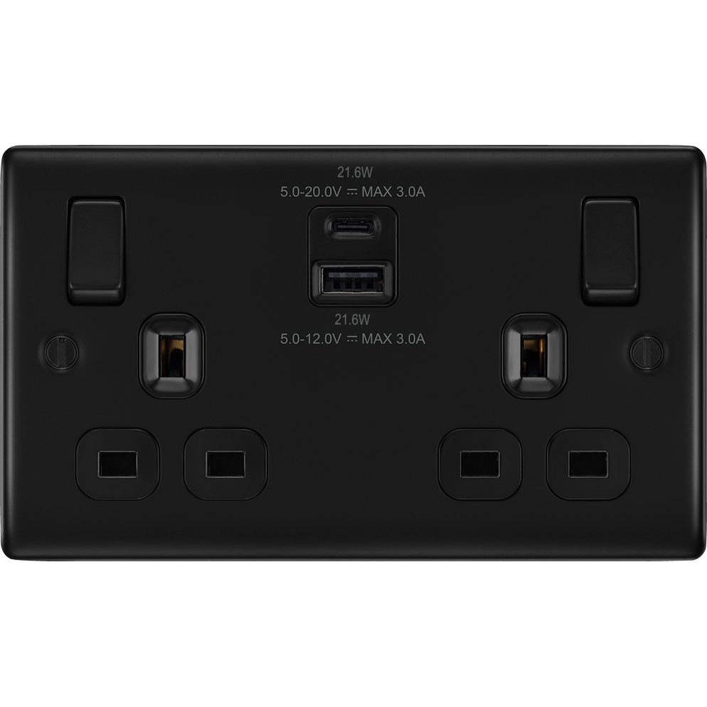 BG Nexus Metal Matt Black 13A Double USB Socket with 22W A+C ...