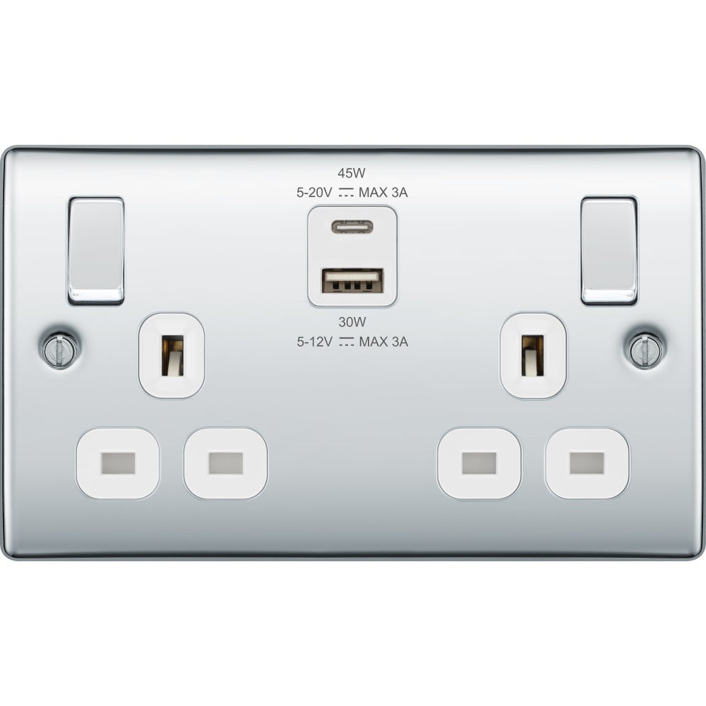 BG Nexus Metal Polished Chrome 13A Double USB Socket with 45W A+C Ports ...