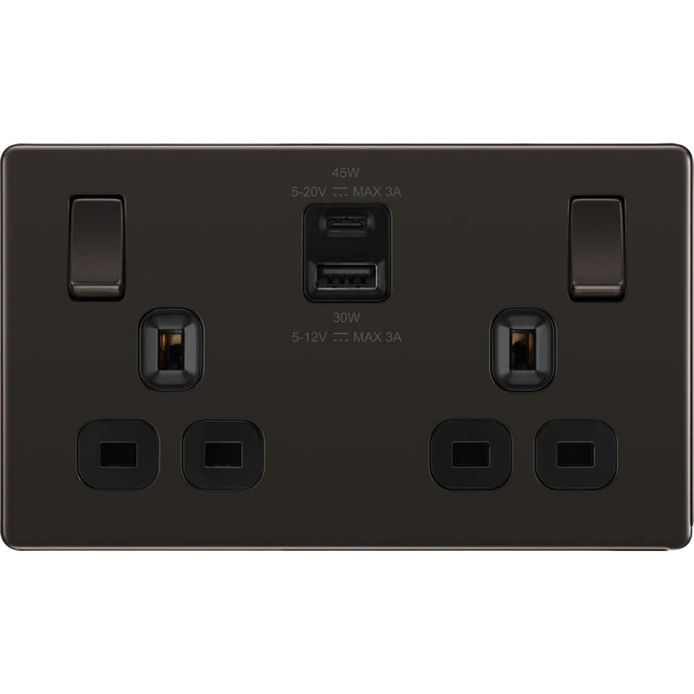 BG Nexus Screwless Black Nickel 13A Double USB Socket 45W A+C ...