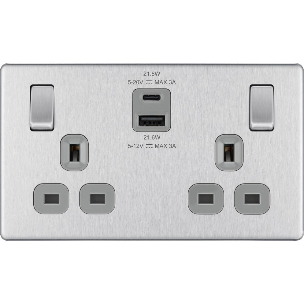 BG Nexus Screwless Brushed Steel 13A Double USB 22W A+C Ports ...
