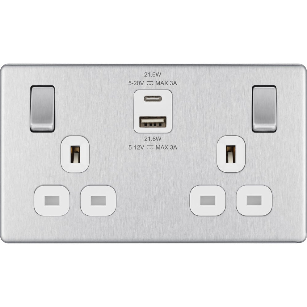 BG Nexus Screwless Brushed Steel 13A Double USB 22W A+C Ports ...