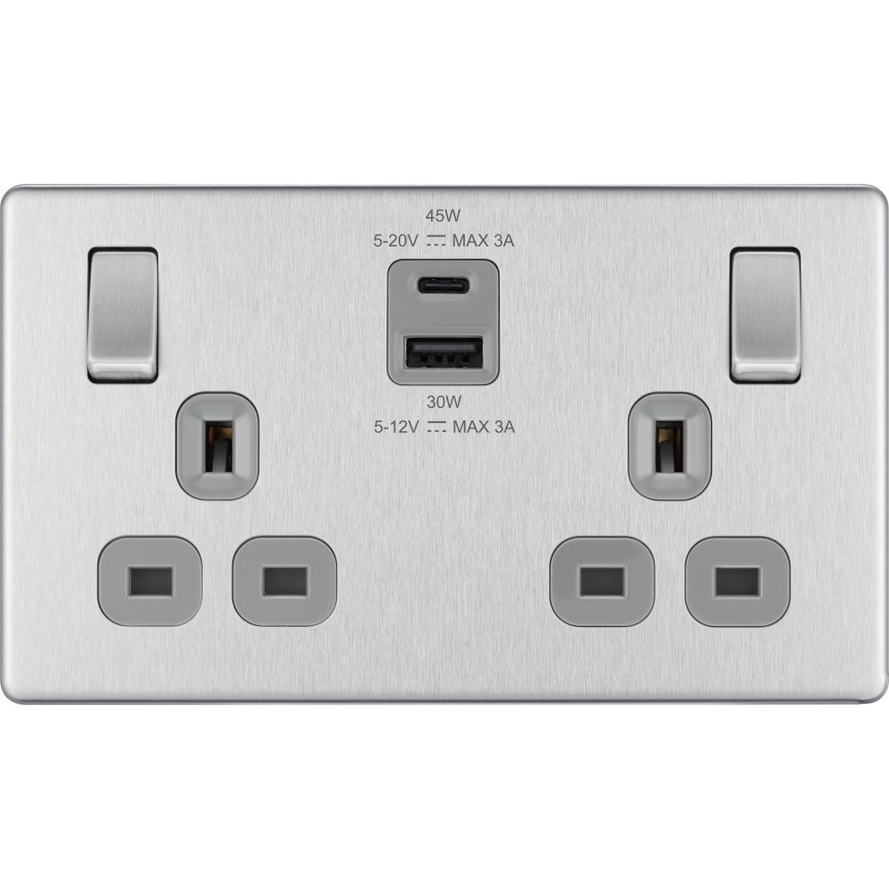 BG Nexus Screwless Brushed Steel 13A Double USB 45W A+C Ports ...