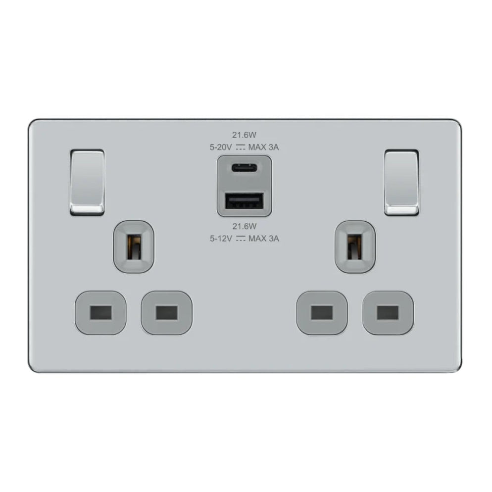 BG Nexus Screwless Polished Chrome 13A Double USB Socket 22W A+C Ports ...