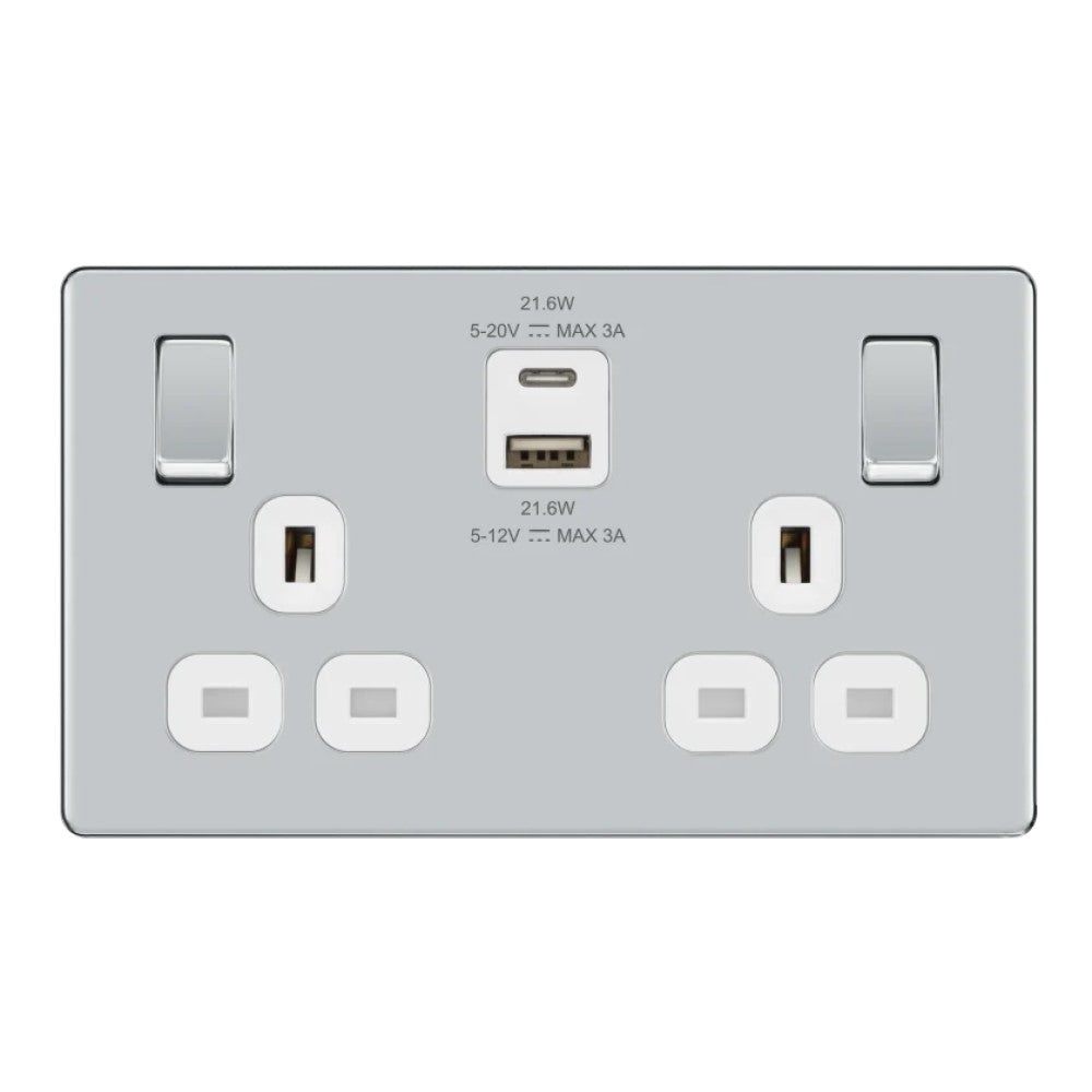 BG Nexus Screwless Polished Chrome 13A Double USB Socket 22W A+C Ports ...