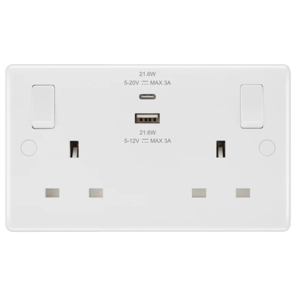 BG White Moulded 13A Double USB Socket with 22W A+C Ports 822UAC22 | RS ...