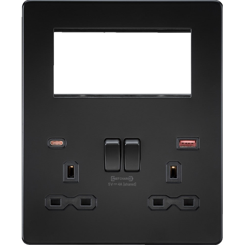 Knightsbridge Screwless Matt Black Double Socket with 4G Euro Plate ...