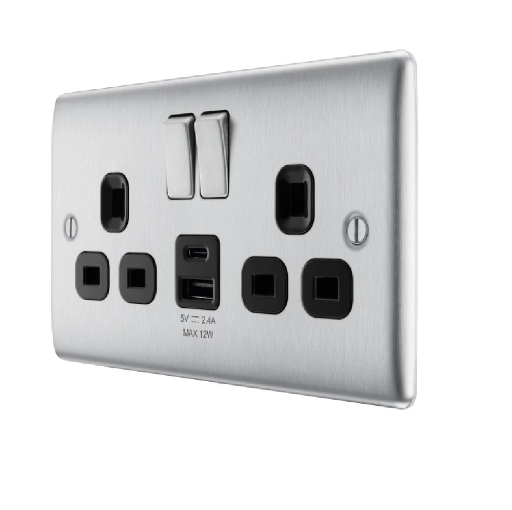 BG Nexus Metal Brushed Steel 13A Double USB Socket with 12W A+C Ports ...