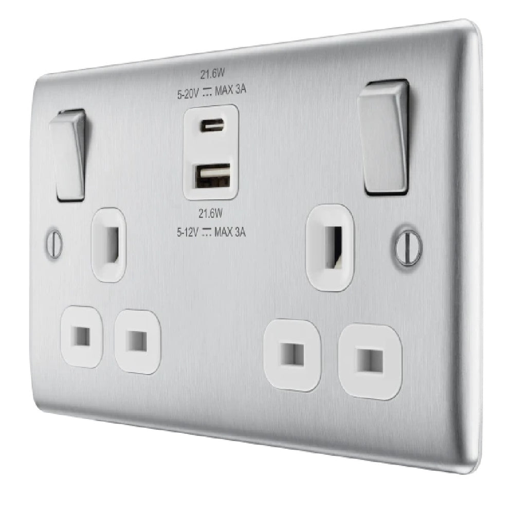 BG Nexus Metal Brushed Steel 13A Double USB Socket with 22W A+C Ports ...