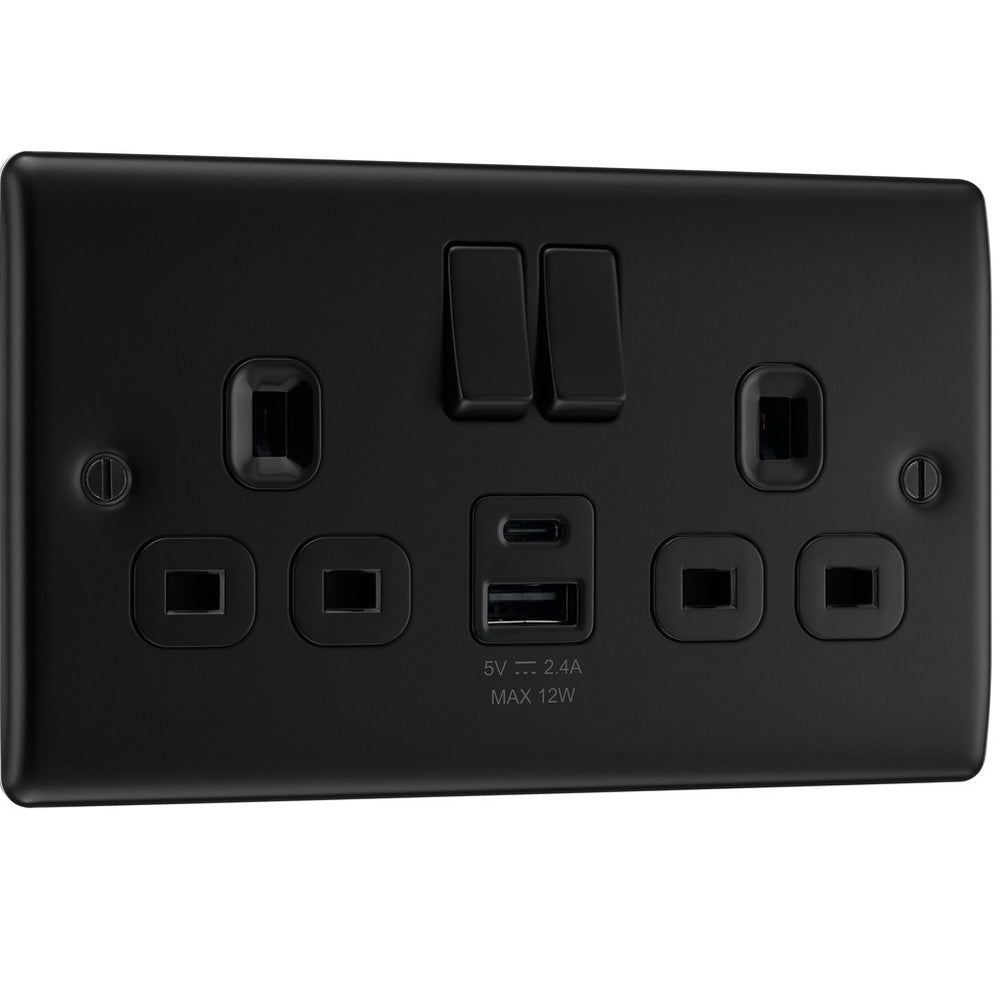 BG Nexus Metal Matt Black 13A Double USB Socket with 12W A+C ...