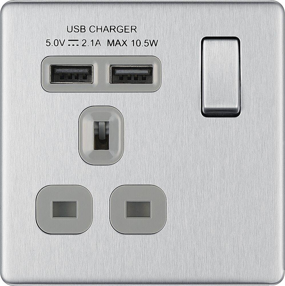 BG Nexus Screwless Brushed Steel 13A Single USB Socket FBS21U2G | RS ...