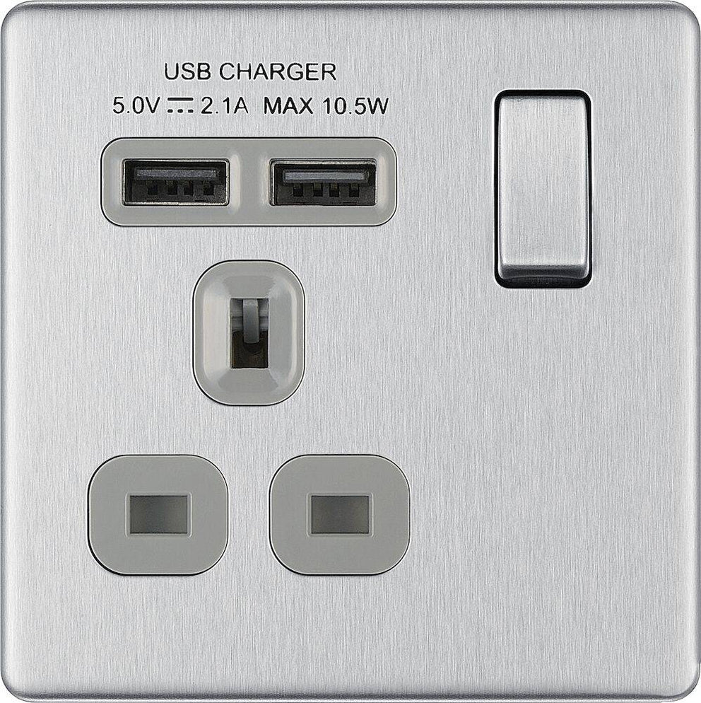BG Nexus Screwless Brushed Steel 13A Single USB Socket FBS21U2G | RS ...